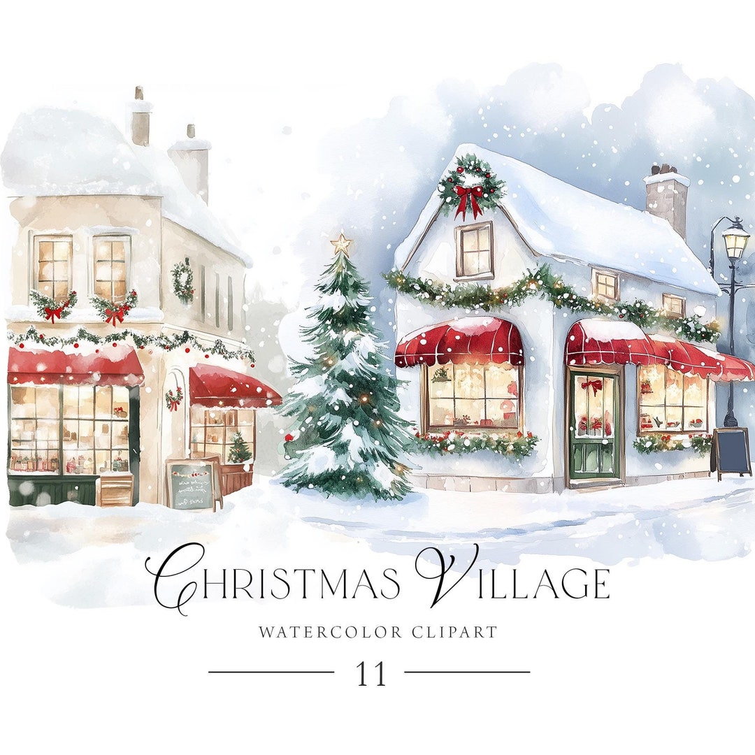 Christmas Houses Clipart, Christmas Village Watercolor, Commercial Use ...
