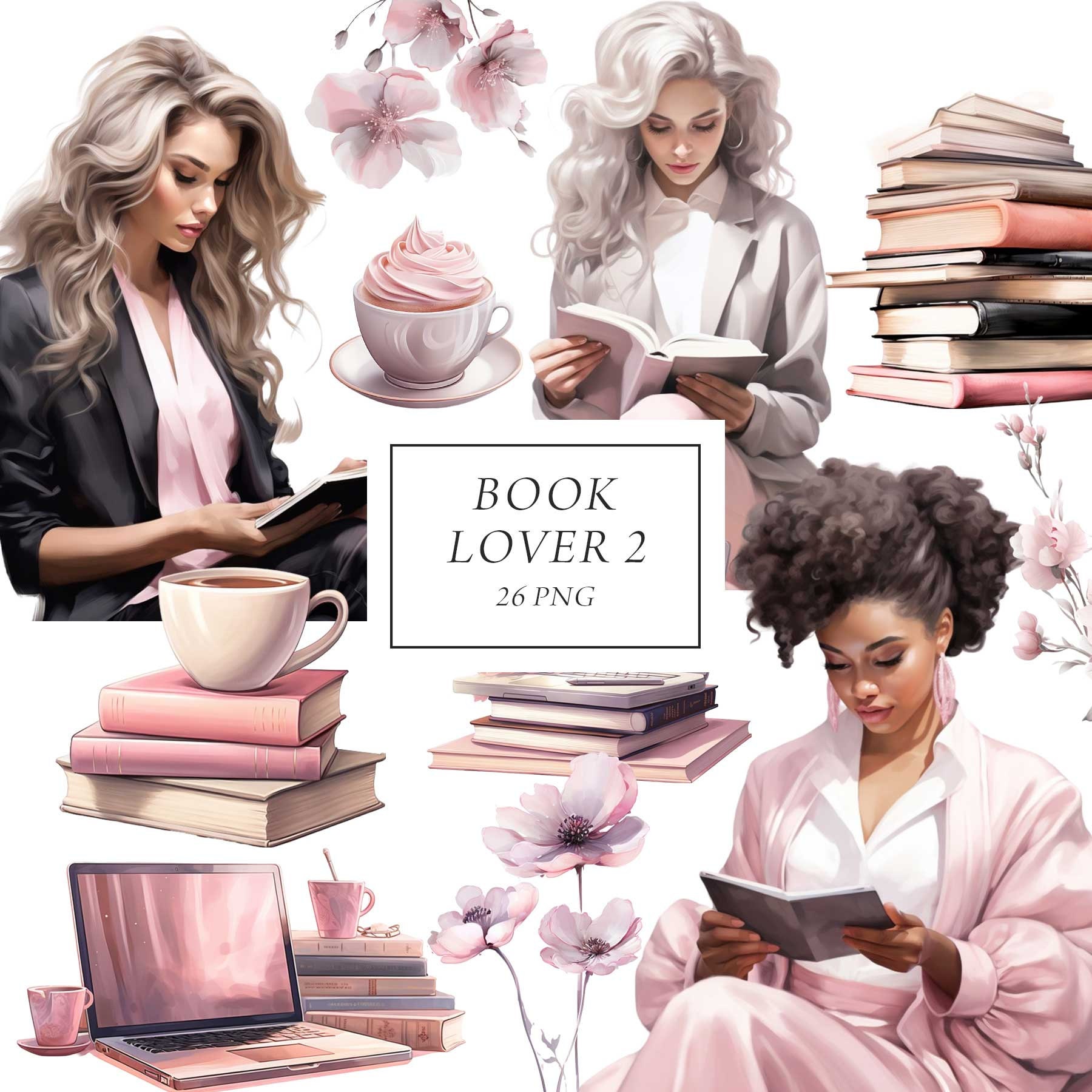 Book Lover Clipart, Bookworm, Coffee and Books, Reading Clipart, Pink ...