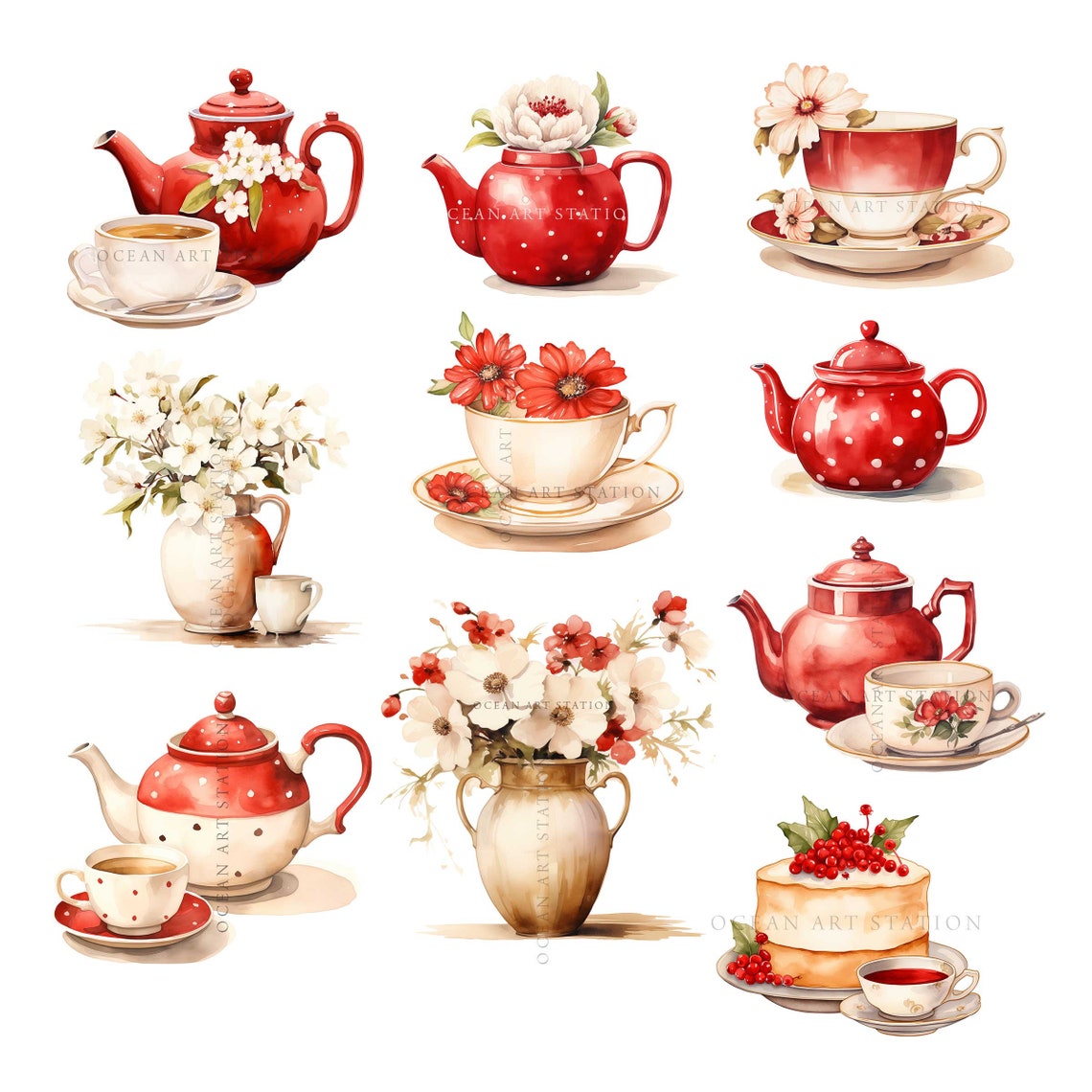 Tea Clipart Watercolor, Floral Tea Time Clipart, Vintage Teacups ...