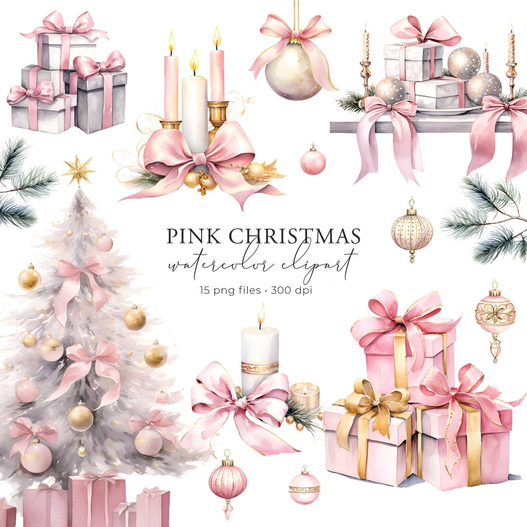 Pink Christmas Clipart Watercolor, Commercial Use, Christmas Clipart ...