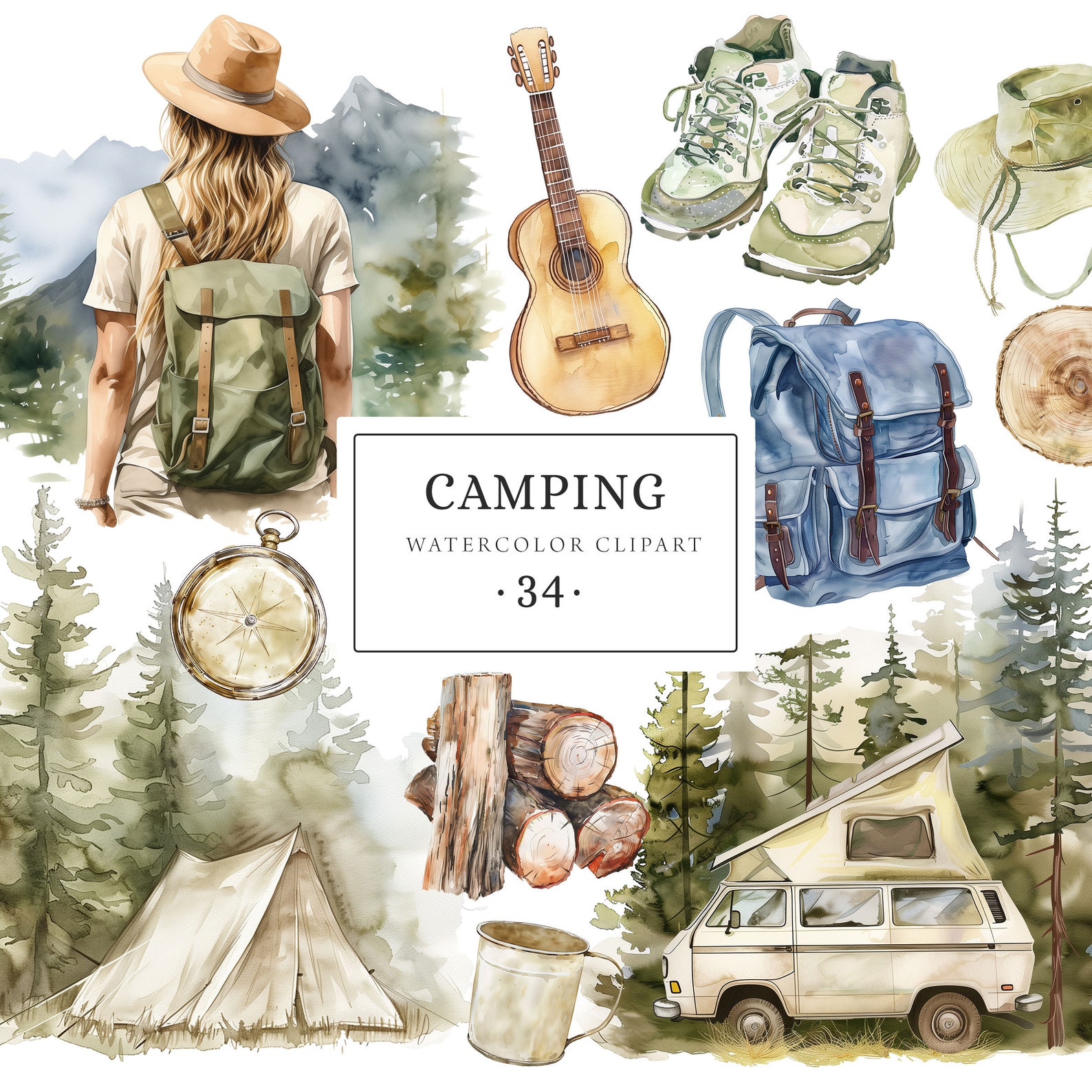 Camping Clipart, Hiking Clipart Watercolor, Mountain Adventure Clipart ...