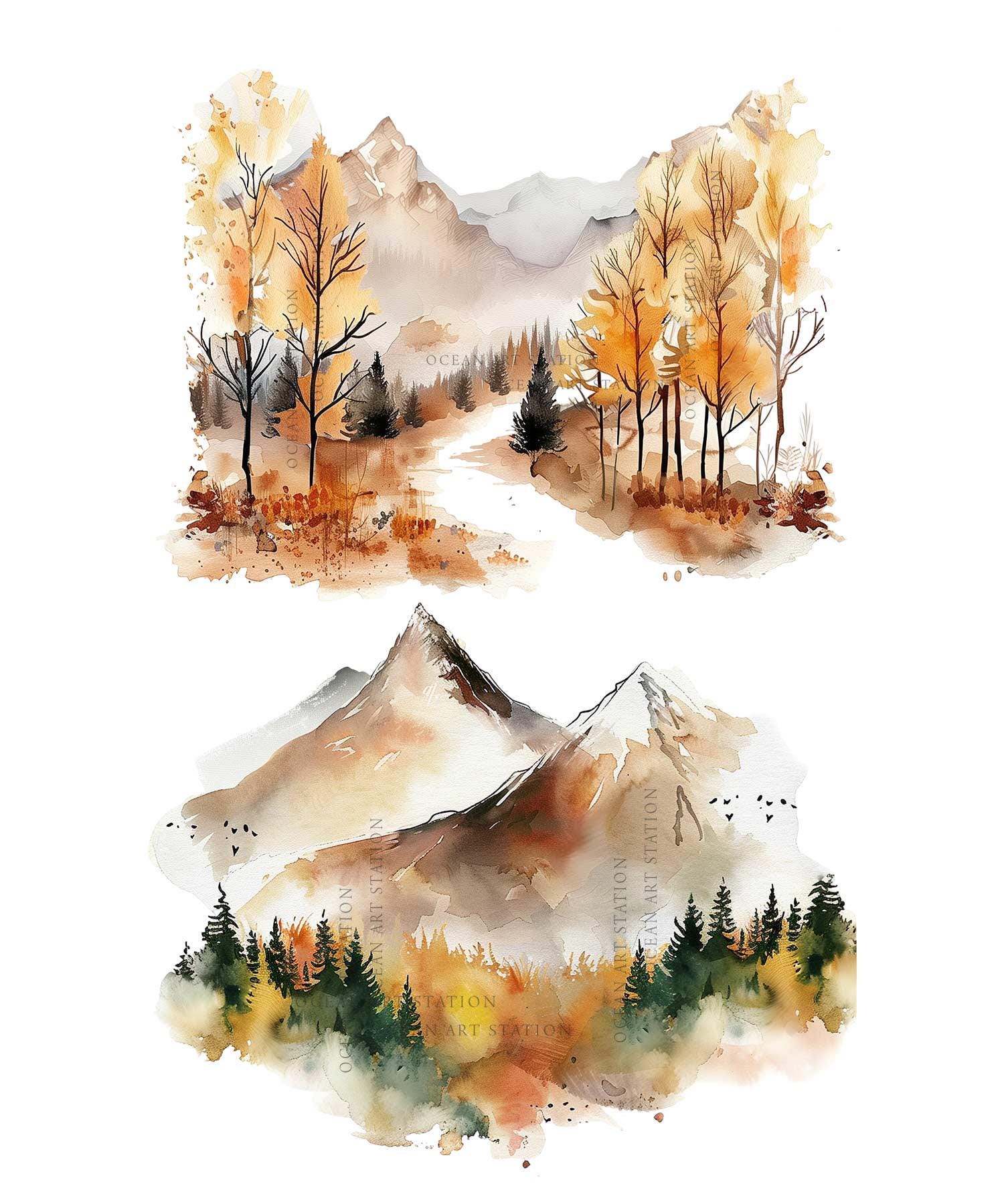 Fall Scenery Clipart, Fall Mountains Clipart Watercolor, Fall Landscape ...