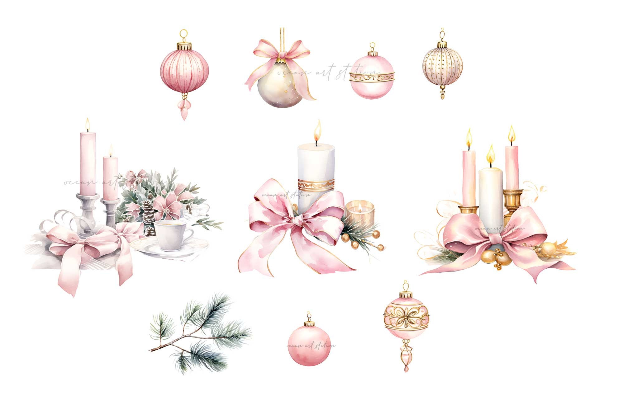 Pink Christmas Clipart Watercolor, Commercial Use, Christmas Clipart ...