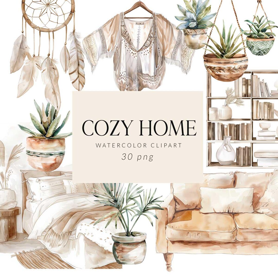 Boho Home Clipart Watercolor, Cozy Home Clipart, Bohemian Home Clipart ...