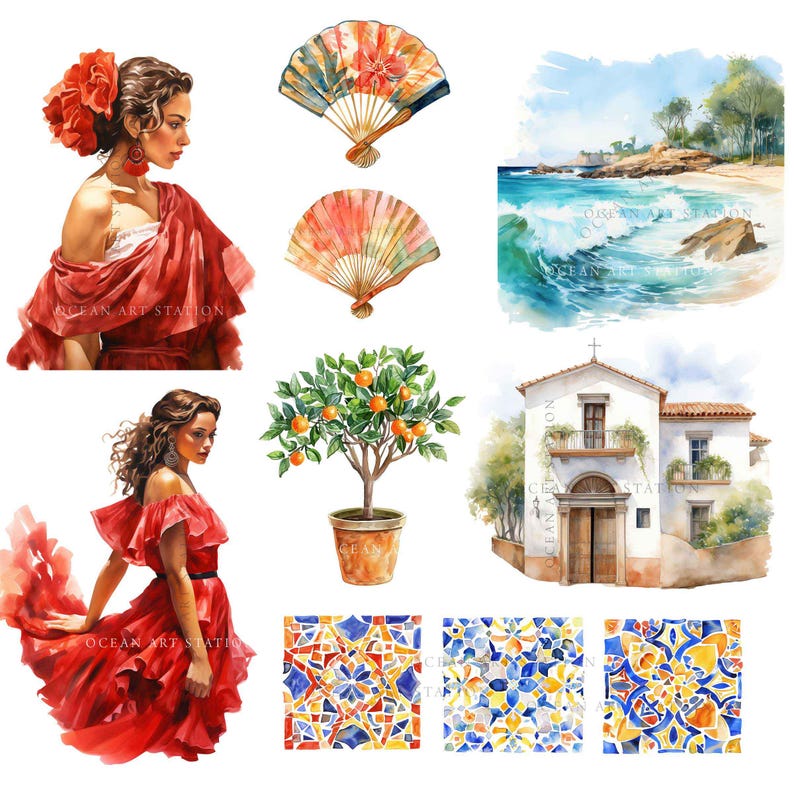 Spain Clipart, Spanish Clipart Set, Spain Watercolor Illustration ...