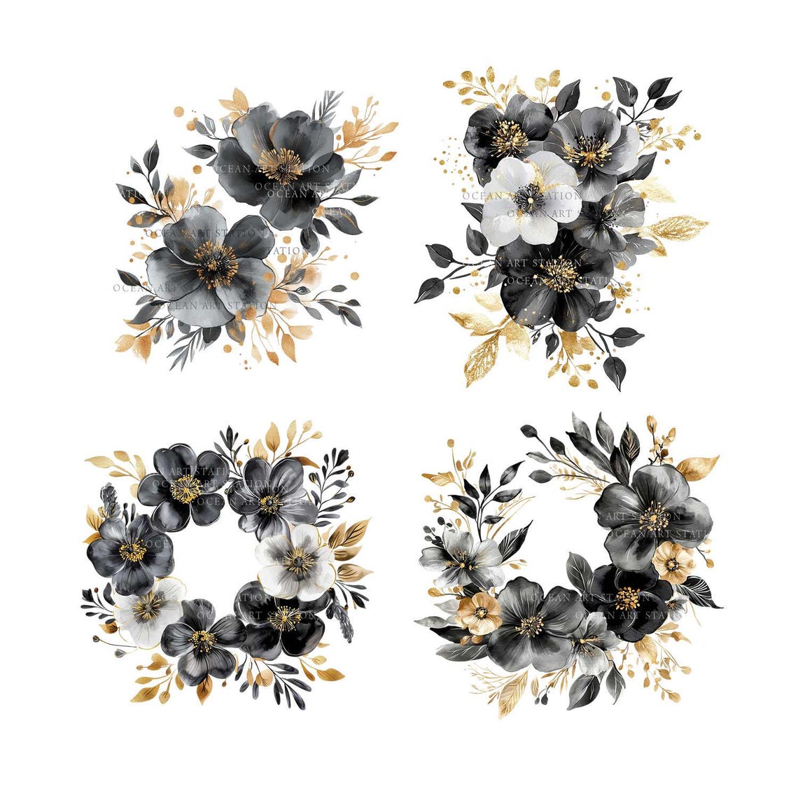 Black and Gold Flowers Clipart, Black Gold Bouquets, Neutral Flowers ...