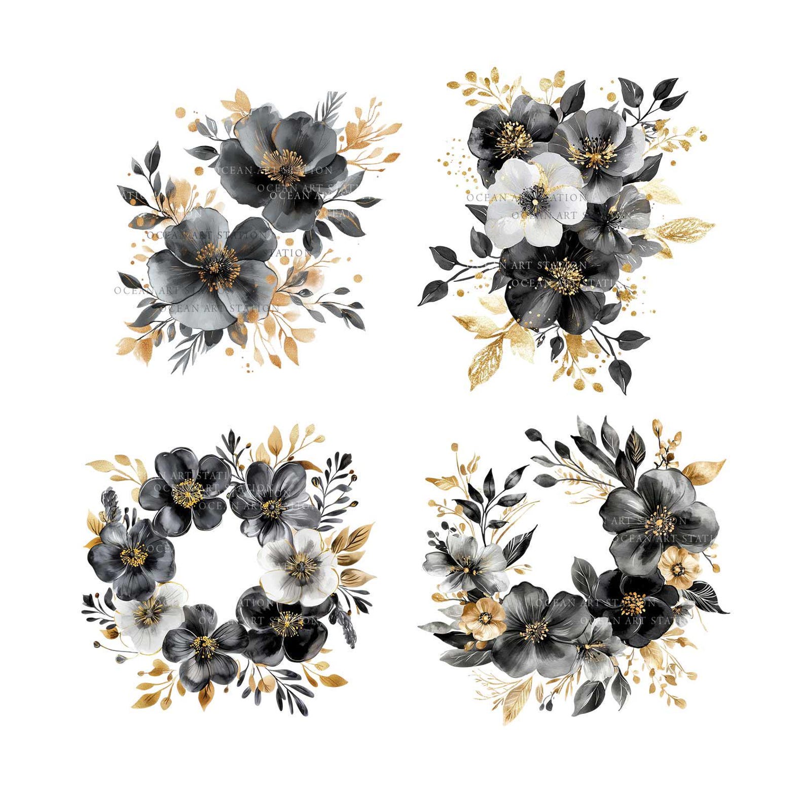 Black and Gold Flowers Clipart, Black Gold Bouquets, Neutral Flowers ...