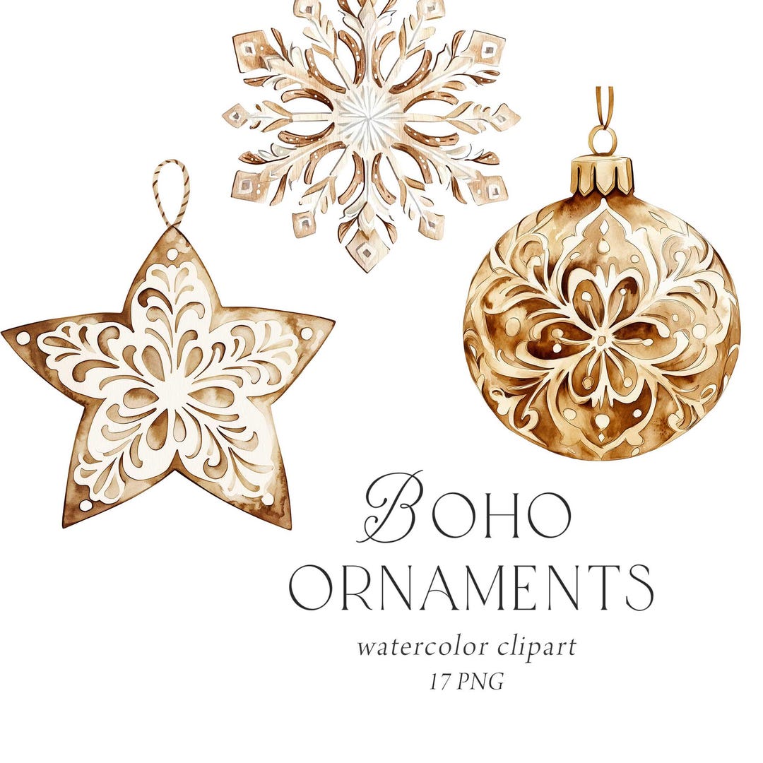 Boho Christmas Ornaments Clipart Watercolor, Rustic Christmas Ornaments ...