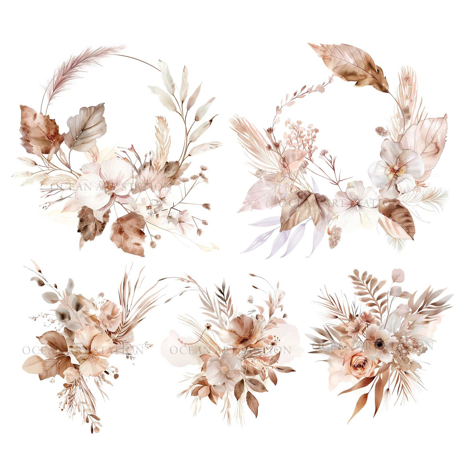 Neutral Floral Clipart, Neutral Bouquets Clipart, Beige Floral Clipart ...