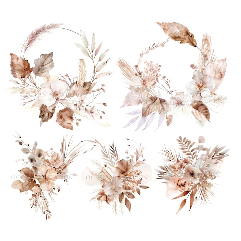 Neutral Floral Clipart, Neutral Bouquets Clipart, Beige Floral Clipart ...