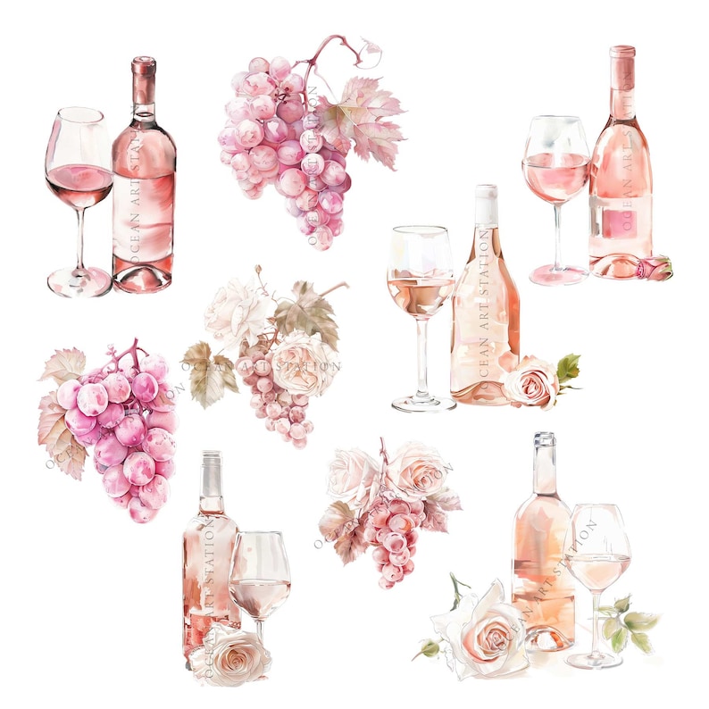 Rose Wine Clipart Watercolor, Wine Lover Clipart, Wedding Clipart, Wine ...