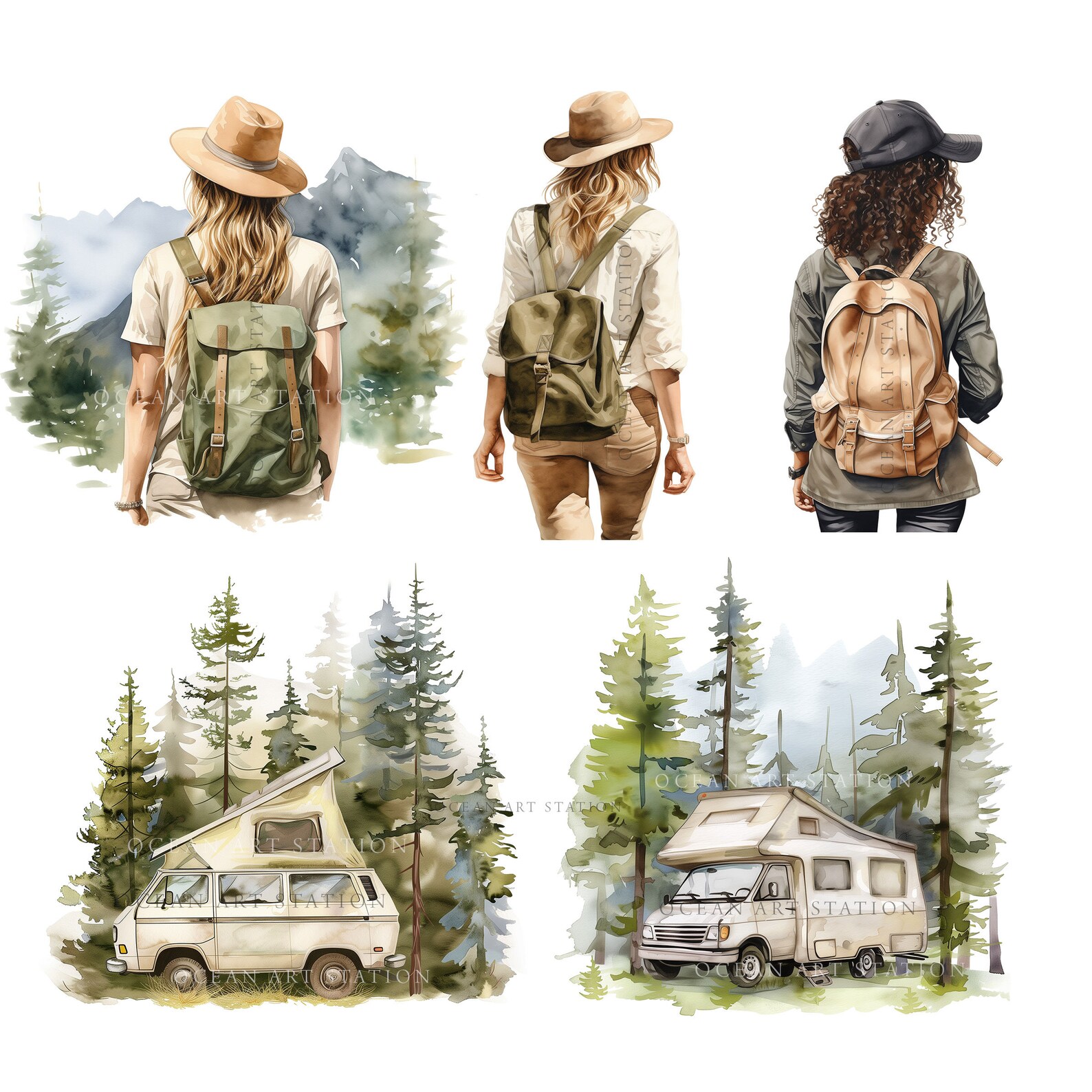 Camping Clipart, Hiking Clipart Watercolor, Mountain Adventure Clipart ...