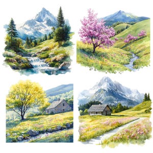 Spring Mountain Clipart Watercolor, Spring Landscape Png, Spring Forest ...