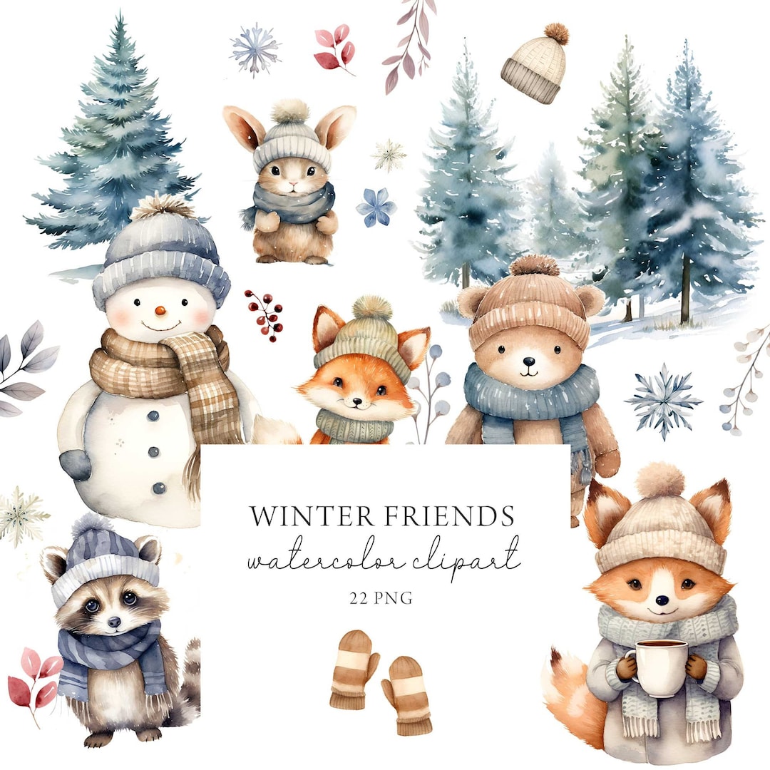 Winter Animals Clipart Watercolor, Woodland Animals Commercial Use ...