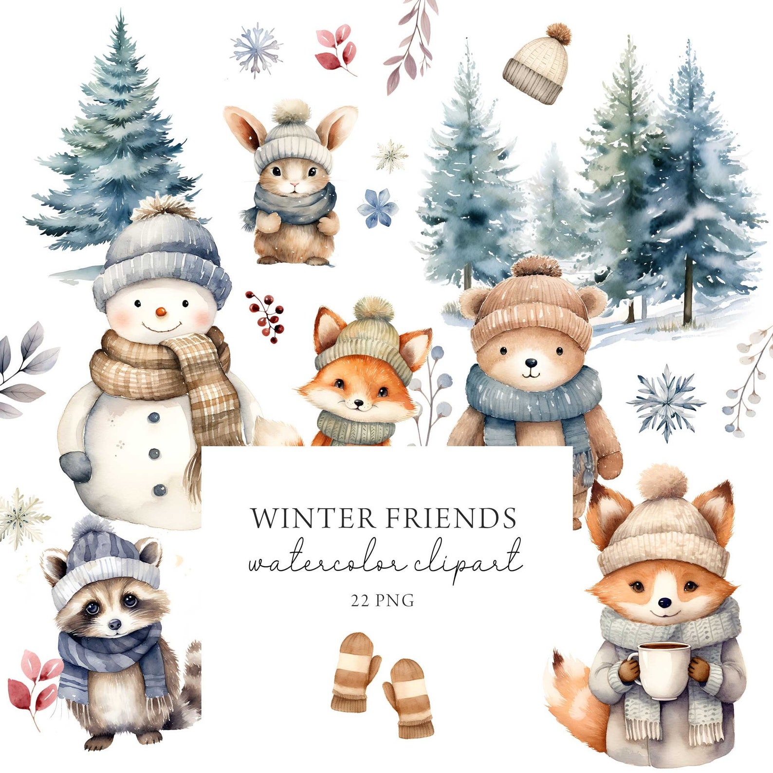 Winter Animals Clipart Watercolor, Woodland Animals Commercial Use ...