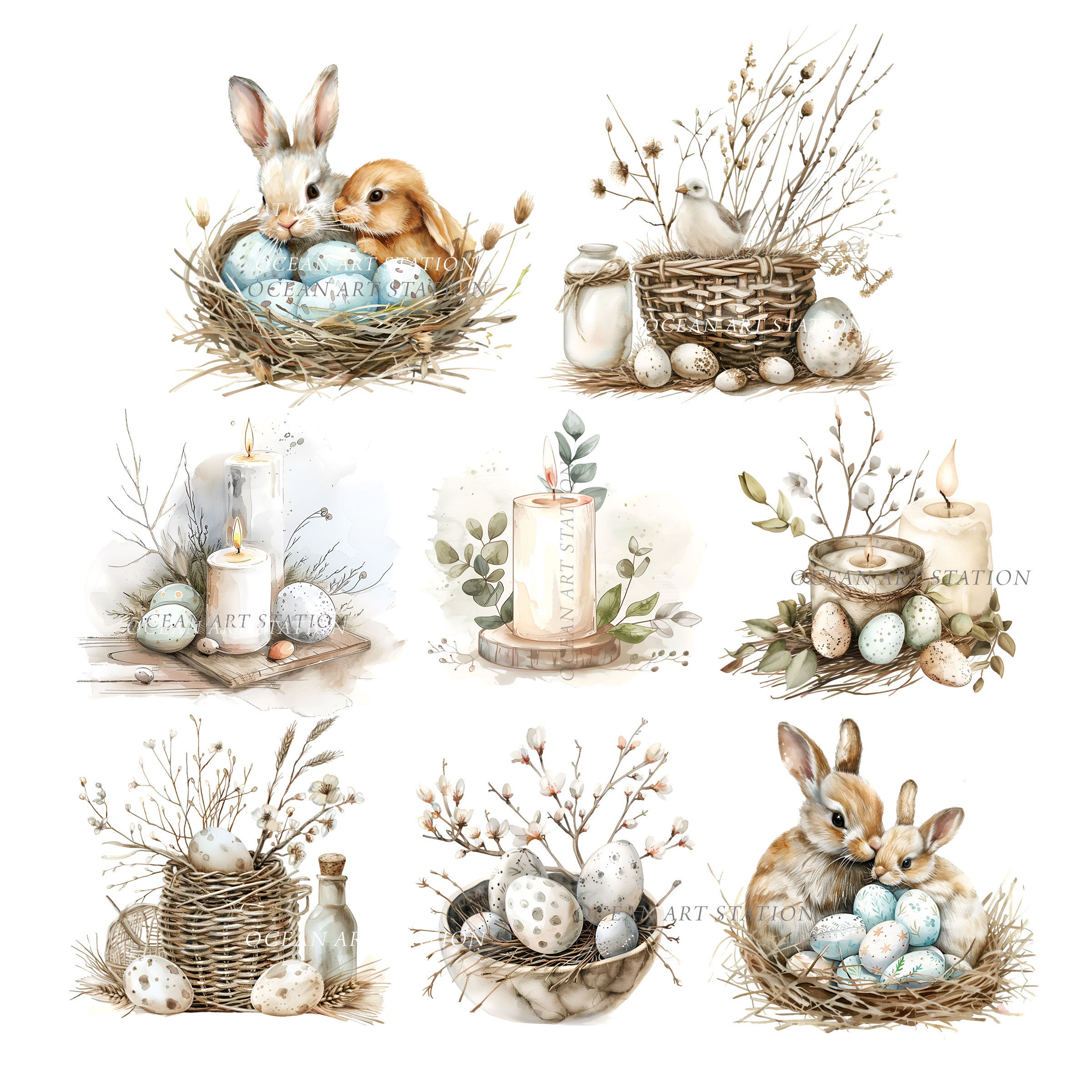 Boho Easter Clipart Watercolor, Neutral Easter Clipart, Easter Eggs ...