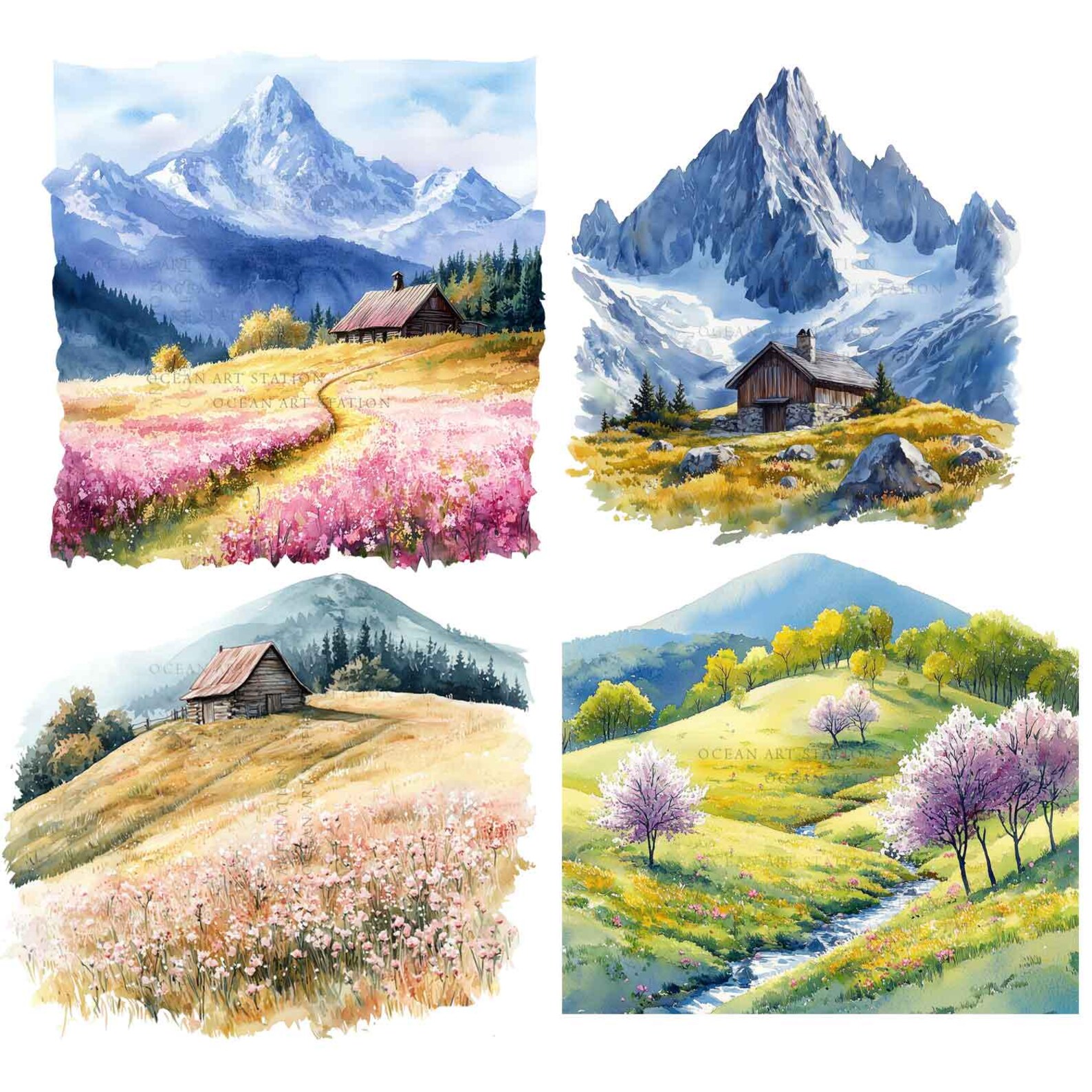 Spring Mountain Clipart Watercolor, Spring Landscape Png, Spring Forest ...