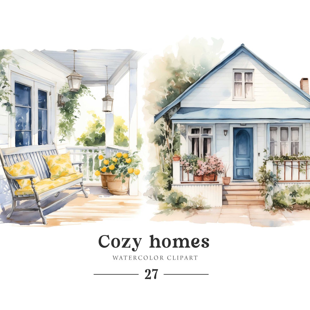 Cozy Home Clipart, Watercolor Houses Clipart, Rustic Houses, Home Decor ...