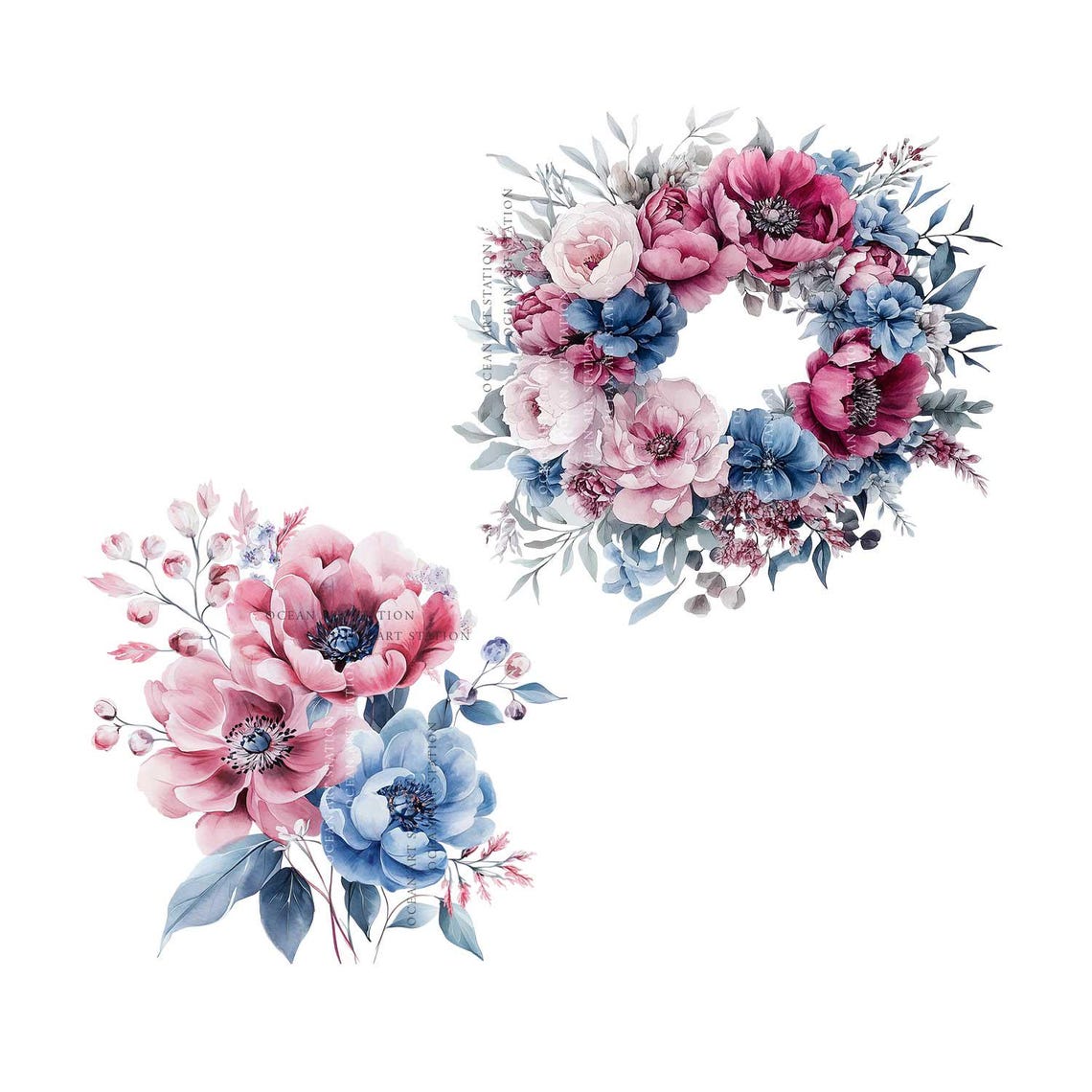 Boho Floral Clipart, Blue Blush Pink Bouquets, Dusty Pink Wedding ...