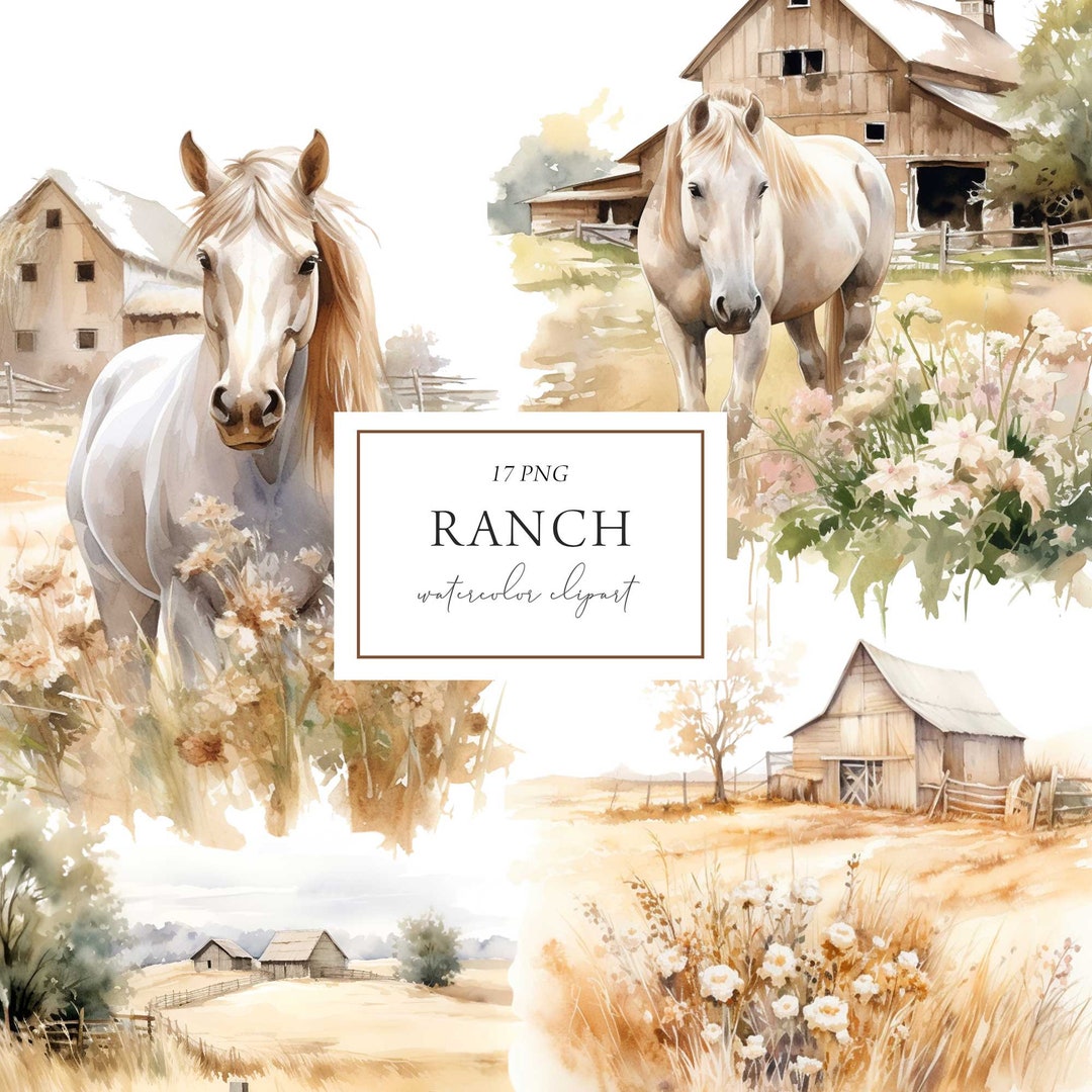 Ranch Clipart Watercolor, Horse Ranch, Country Clipart, Western Clipart ...