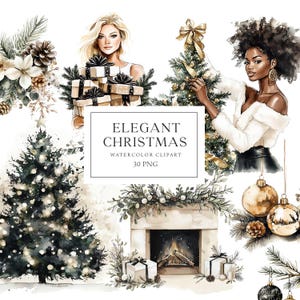 Elegant Christmas Clipart Watercolor, Black and Gold Christmas Clipart ...