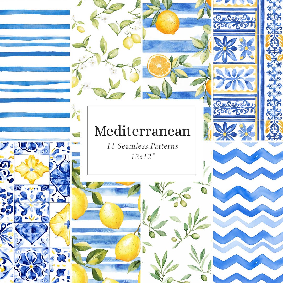 Mediterranean Digital Papers, Mediterranean Seamless Patterns, Lemon ...