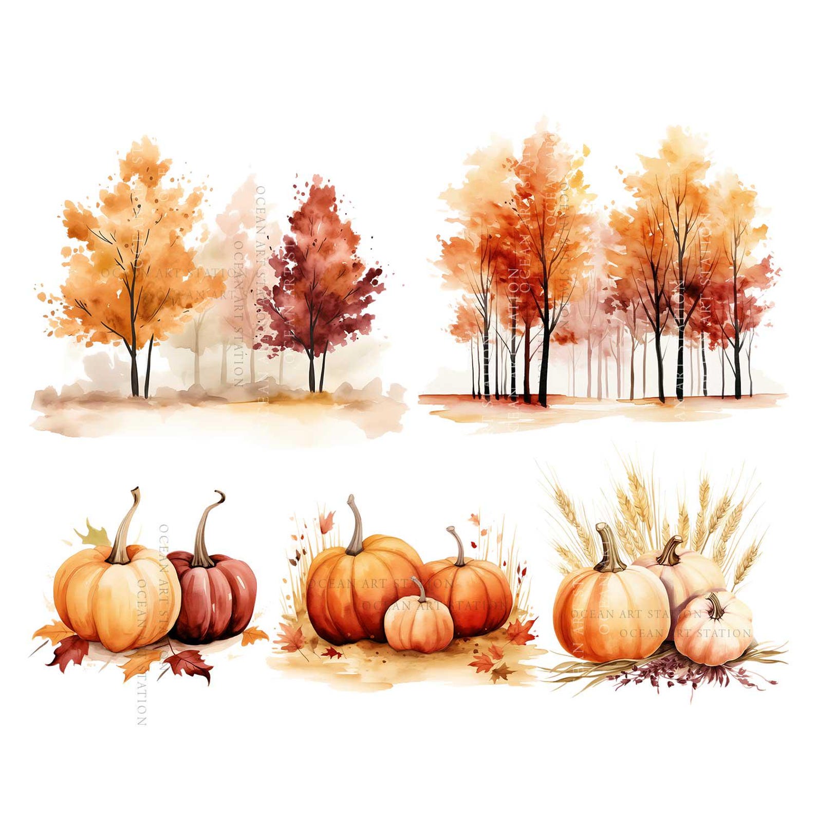 Pumpkins Clipart Watercolor, Fall Forest Clipart, Autumn Clipart, Fall ...