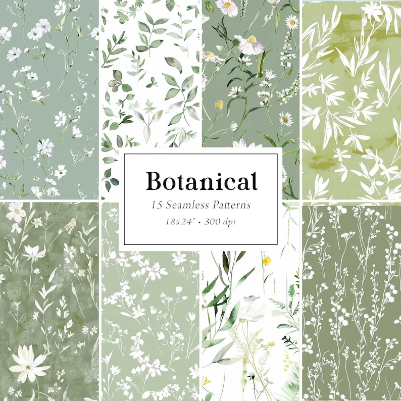 Sage Green Botanical Digital Papers, Wildflower Greenery Seamless ...
