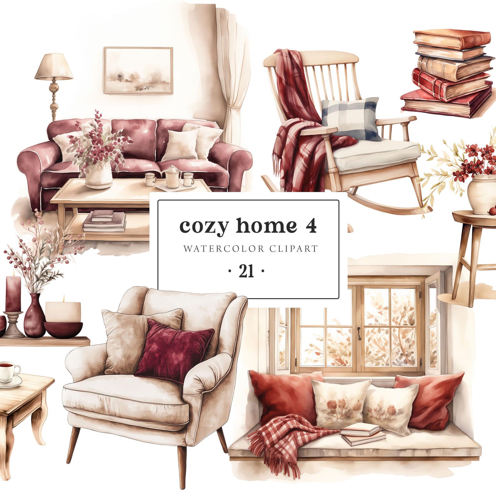 Cozy Home Clipart Watercolor, Fall Home Clipart, Burgundy Home, Boho ...