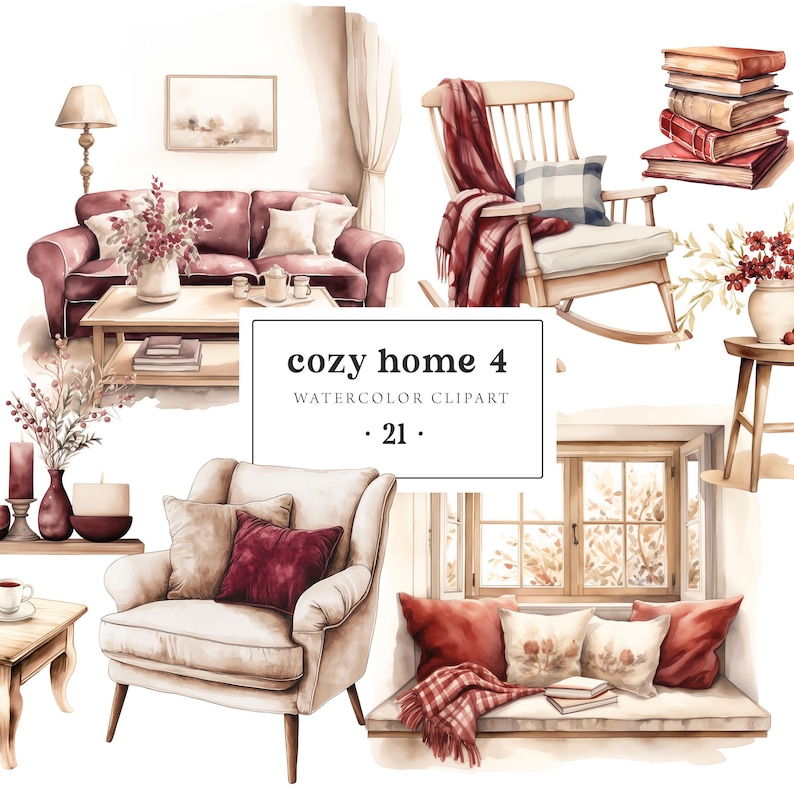 Cozy Home Clipart Watercolor, Fall Home Clipart, Burgundy Home, Boho ...