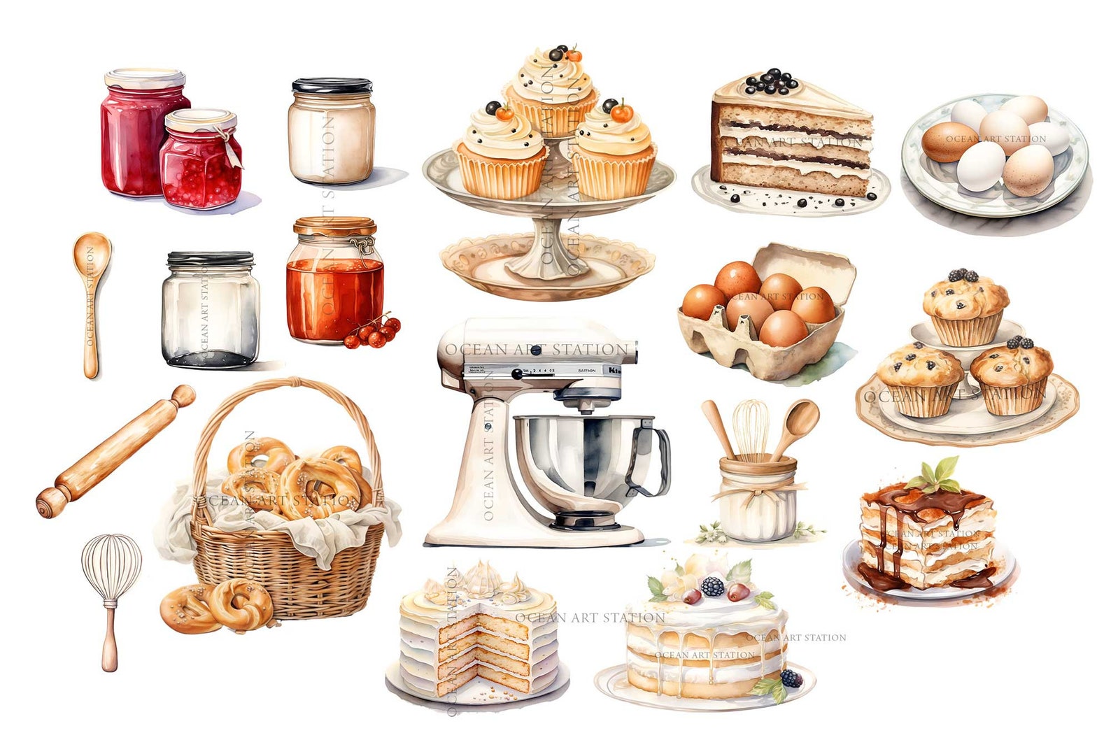 Baking Clipart Watercolor, Bakery Clipart, Desserts Cooking Clipart ...