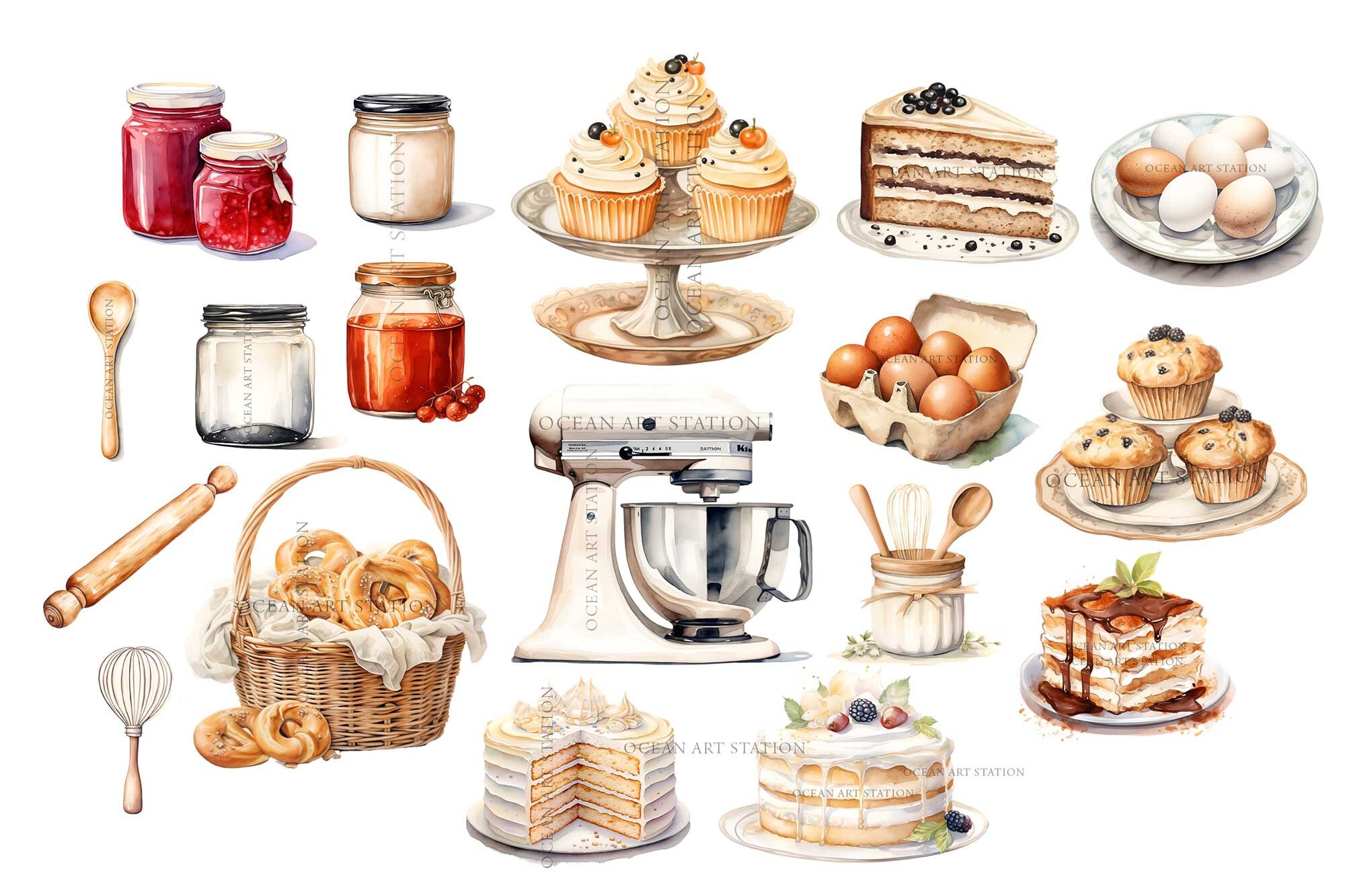 Baking Clipart Watercolor, Bakery Clipart, Desserts Cooking Clipart ...