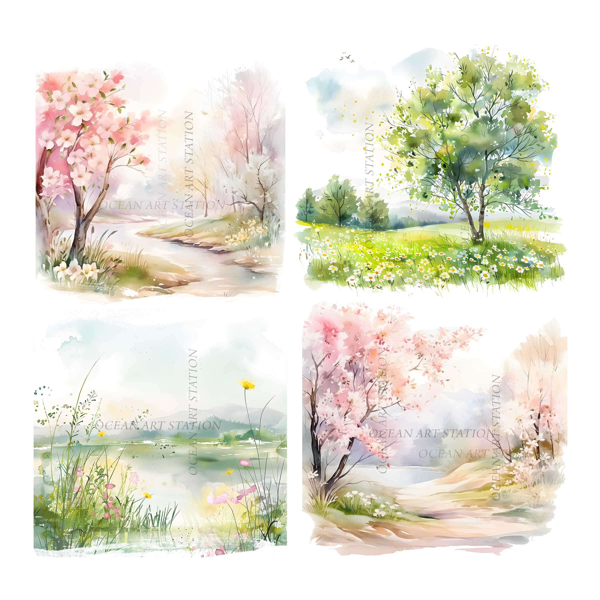 Spring Scenery Clipart, Spring Clipart Watercolor, Spring Meadow ...