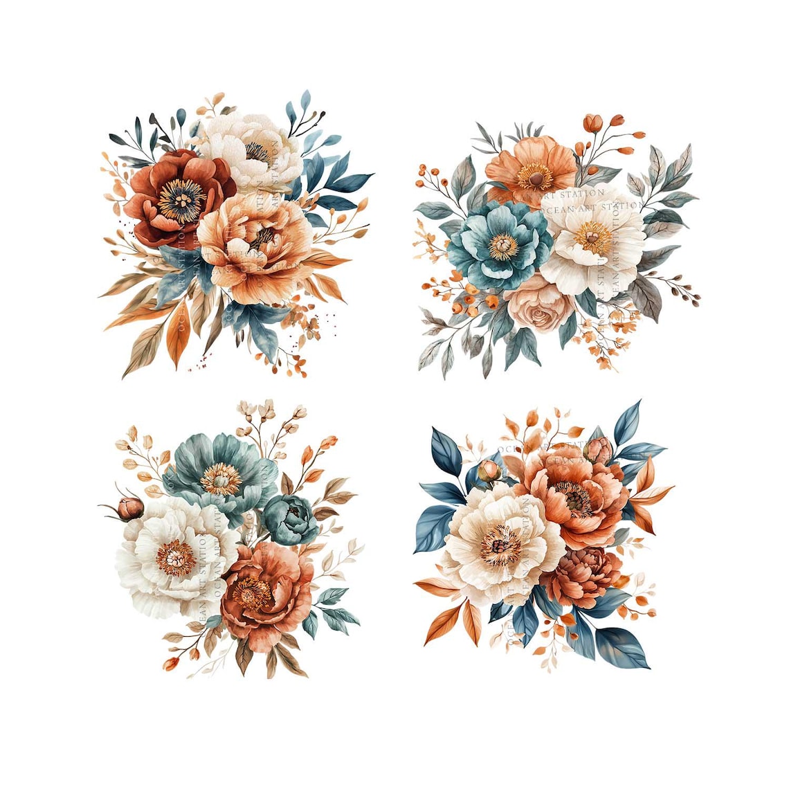 Teal and Orange Flowers Clipart, Terracotta and Teal Bouquets, Blue ...