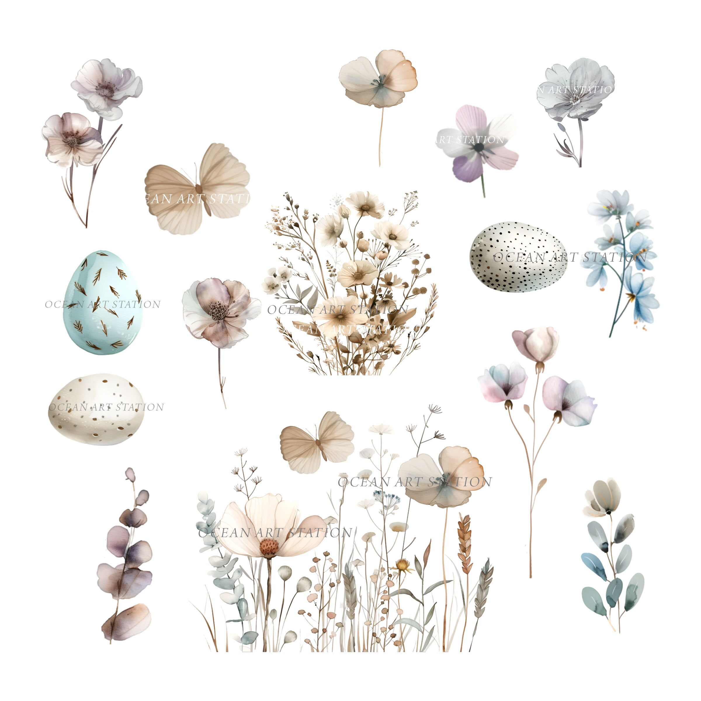 Boho Easter Clipart Watercolor, Neutral Easter Clipart, Easter Eggs ...