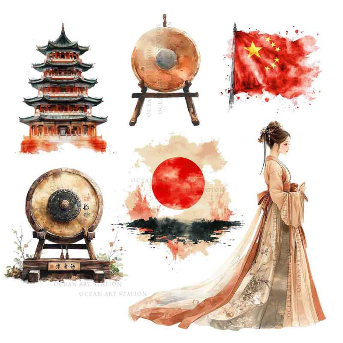 China Clipart Watercolor, Chinese Clipart, China Landmarks, China ...