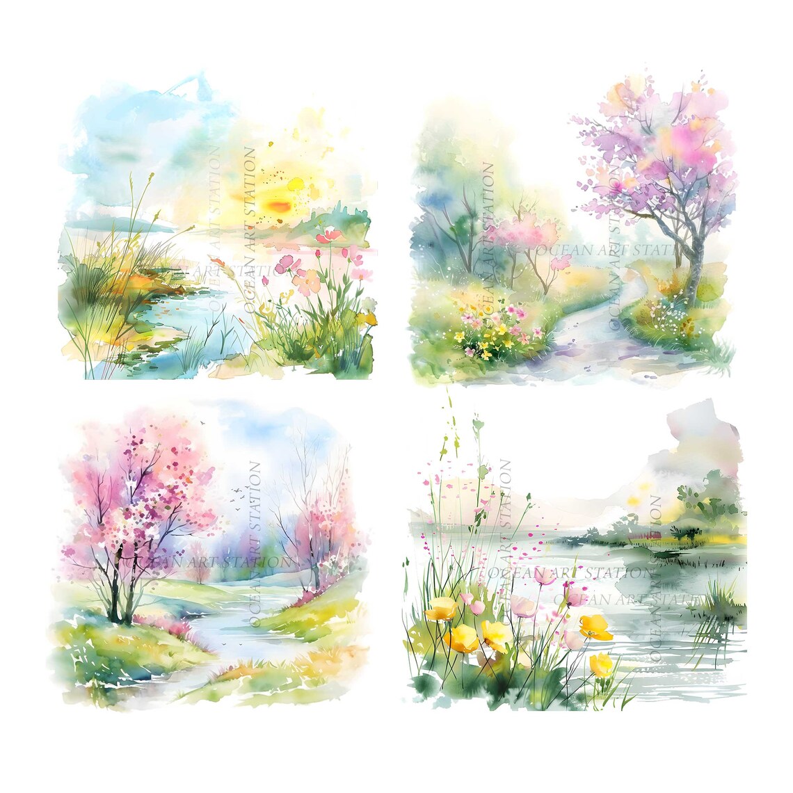 Spring Scenery Clipart, Spring Clipart Watercolor, Spring Meadow ...