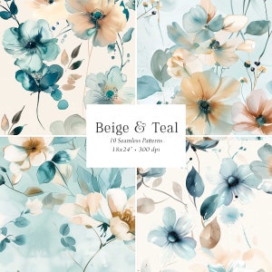 Teal Seamless Patterns, Teal Floral Digital Papers, Botanical Seamless ...