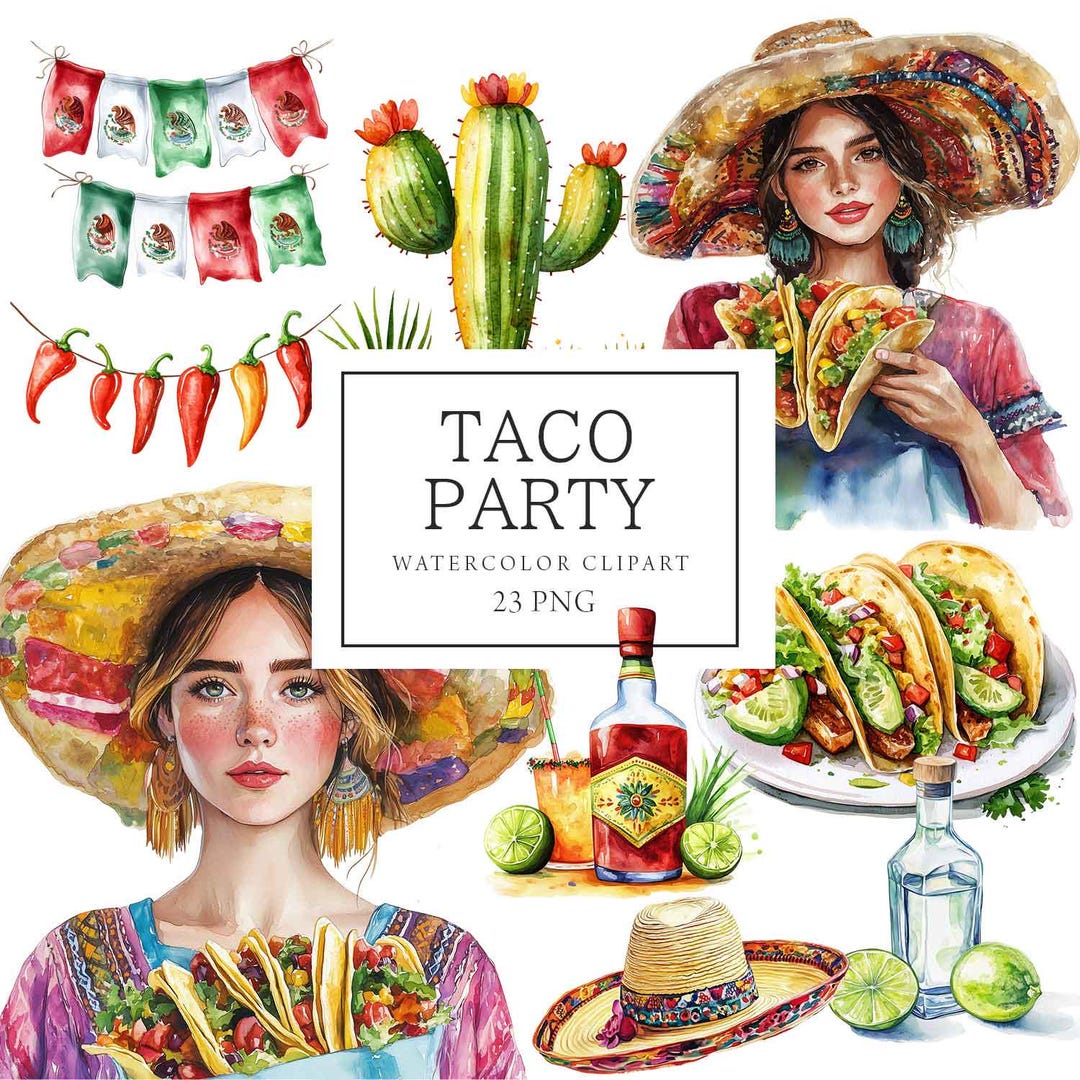 Taco Clipart, Taco Party, Mexico Clipart Watercolor, Mexican Fiesta ...