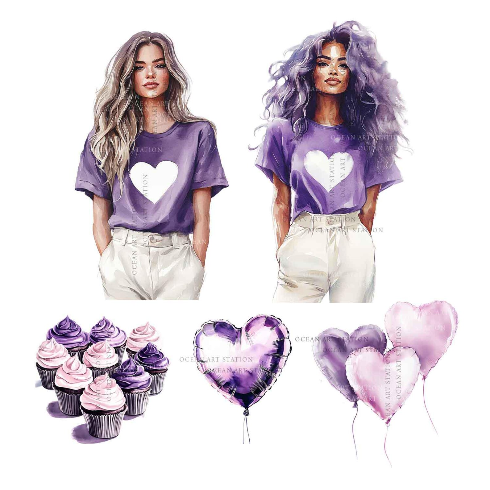 Valentines Clipart, Purple Valentines Day Clipart Watercolor ...