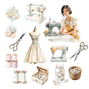 Sewing Clipart, Sewing Supplies Clipart, Sewing Machine, Neutral Sewing ...