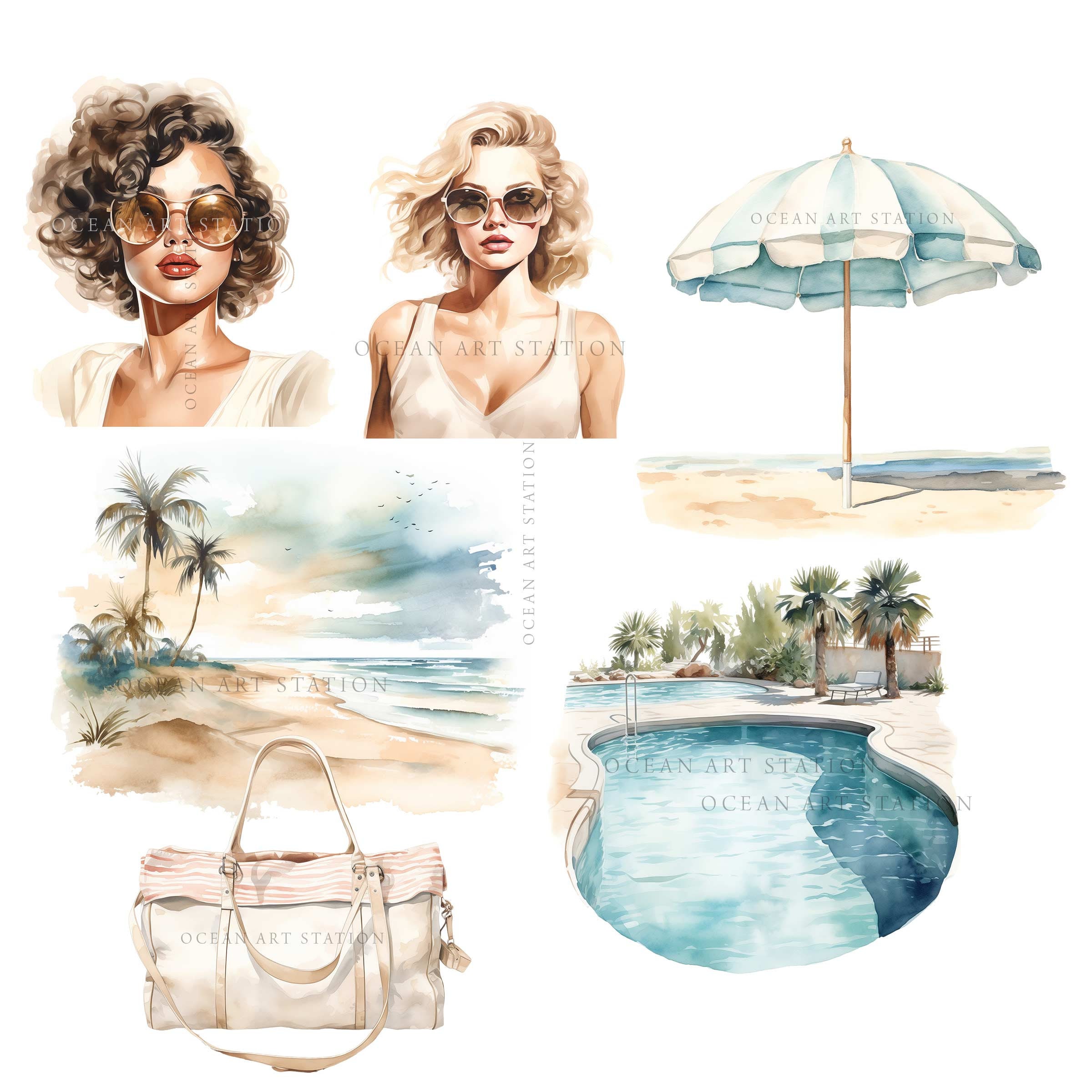 Beach Clipart, Summer Vacation Clipart, Pool Party Clipart, Cocktails ...