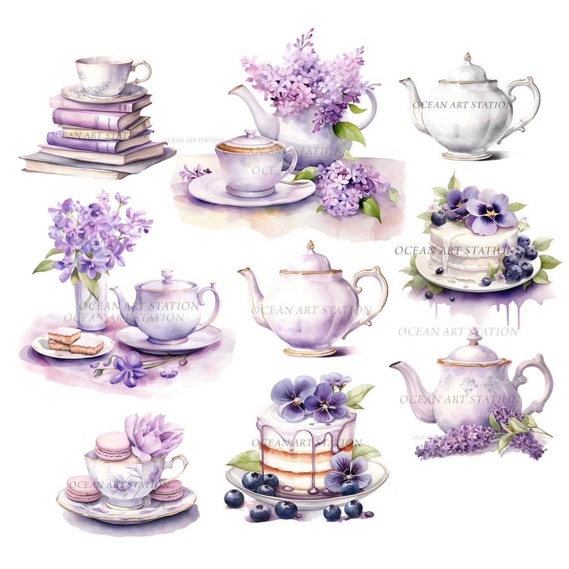 Tea Clipart Pastel, Floral Tea Time Clipart Watercolor, Vintage Teacups ...
