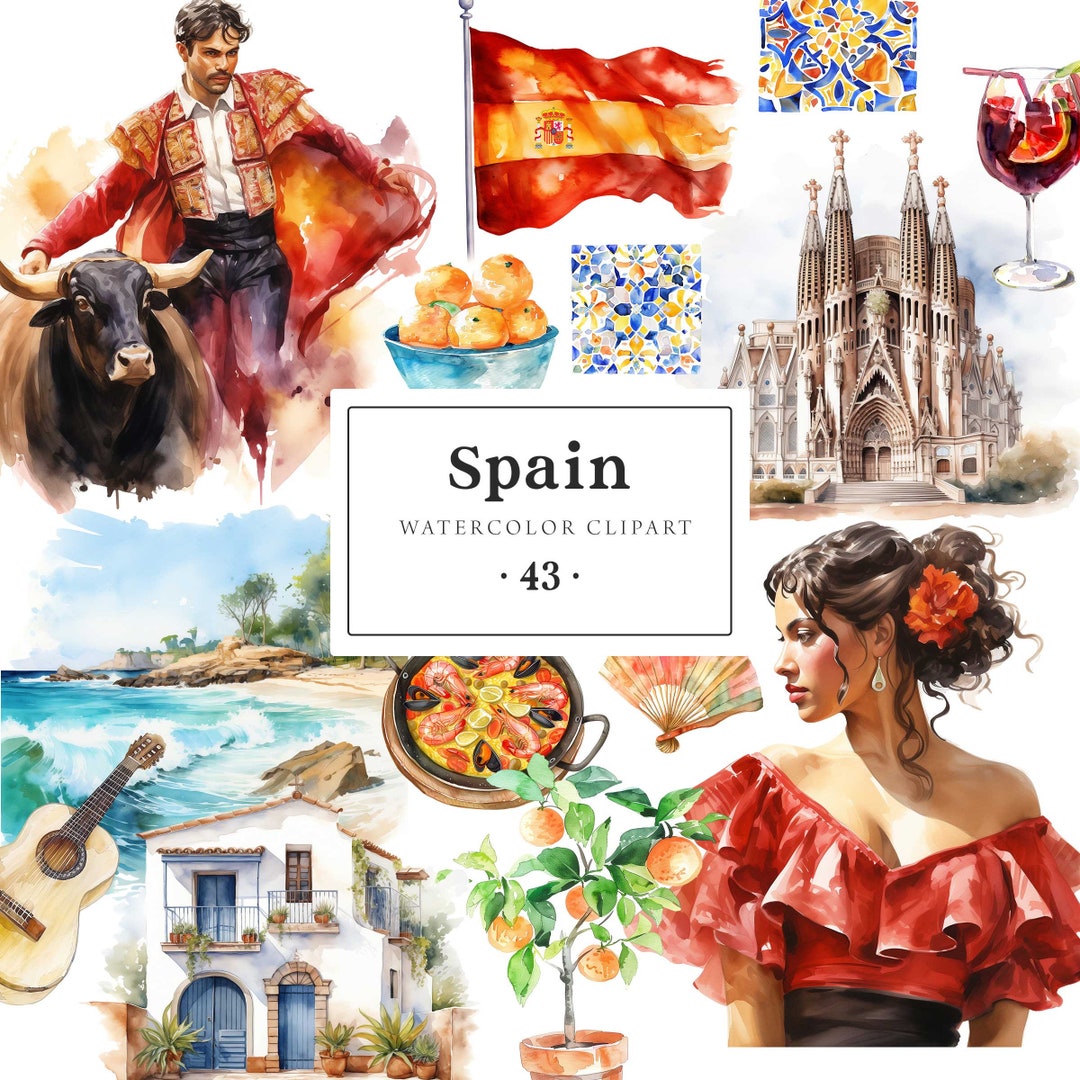 Spain Clipart, Spanish Clipart Set, Spain Watercolor Illustration ...