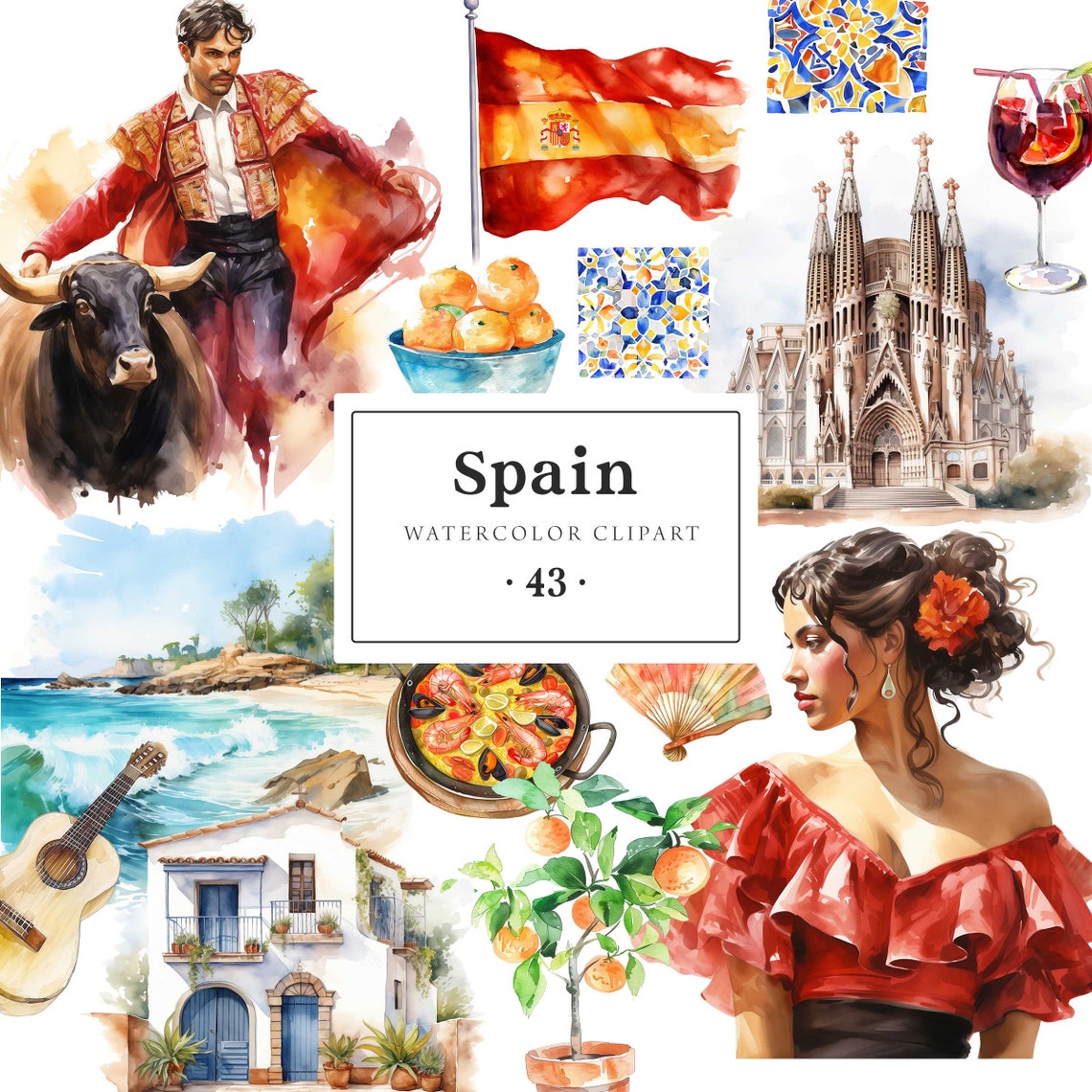 Spain Clipart, Spanish Clipart Set, Spain Watercolor Illustration ...