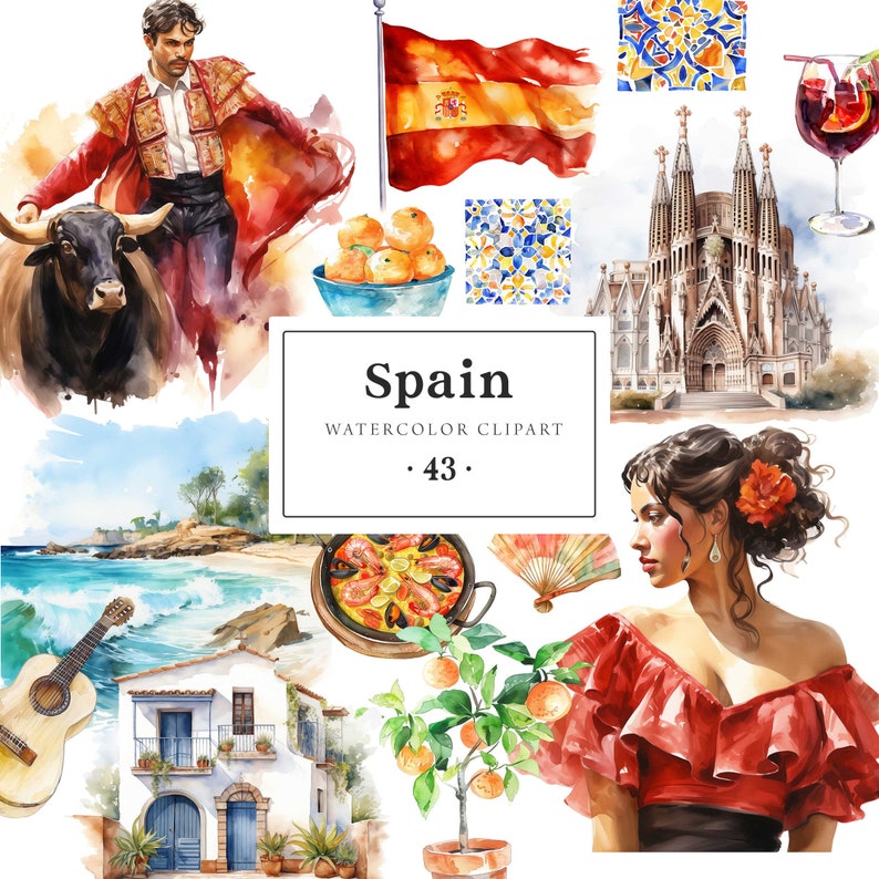 Spain Clipart, Spanish Clipart Set, Spain Watercolor Illustration ...
