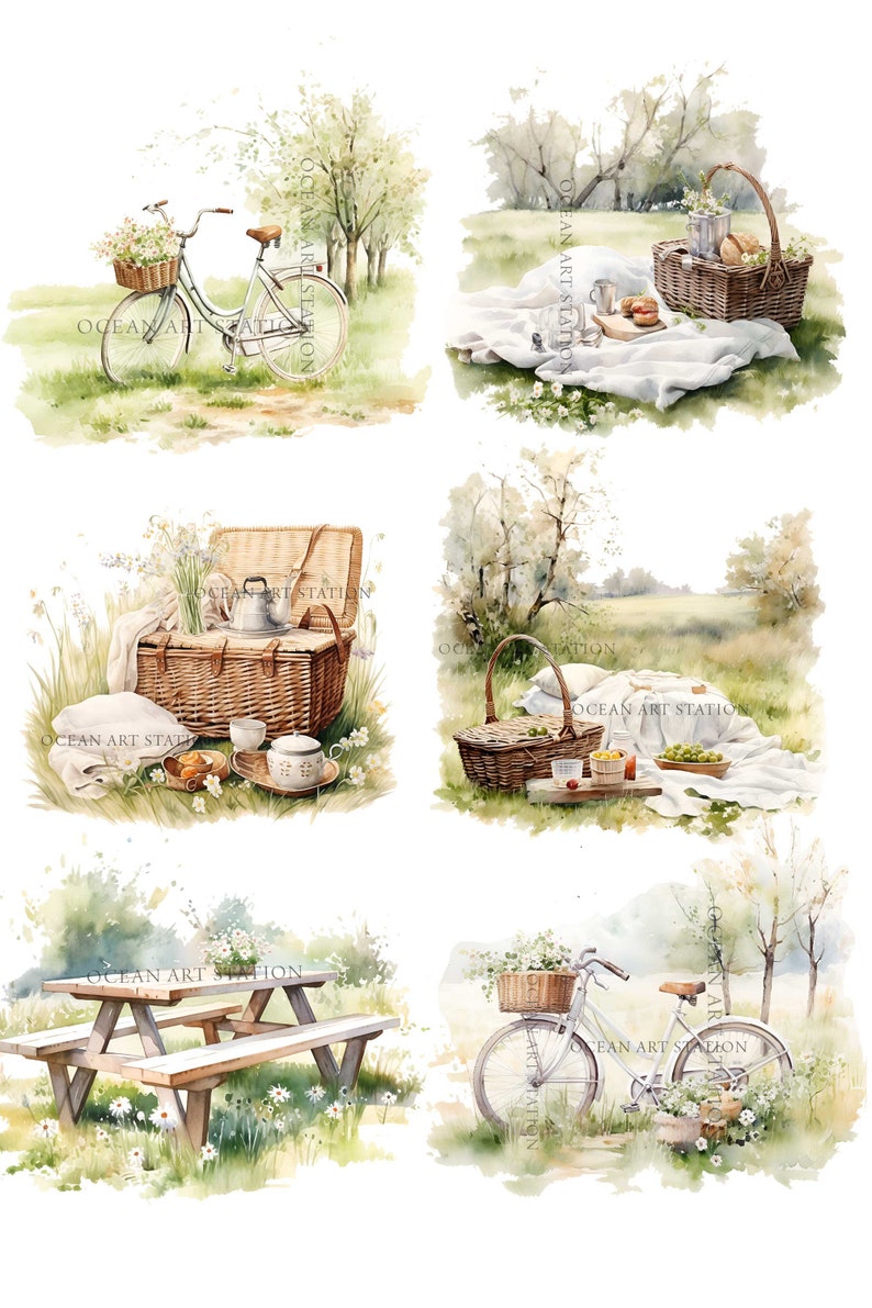 Spring Clipart Watercolor, Picnic Clipart, Spring Scenery, Wildflower ...