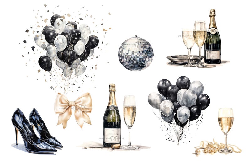 New Years Clipart Commercial Use, Watercolor, Black and Silver New Year ...