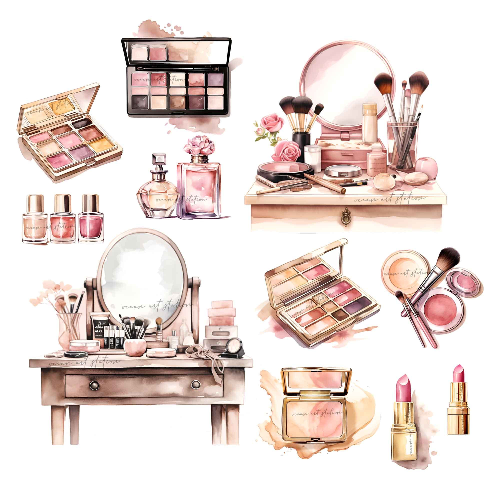 Make up Clipart Watercolor, Pink Cosmetics Clipart, Commercial Use ...