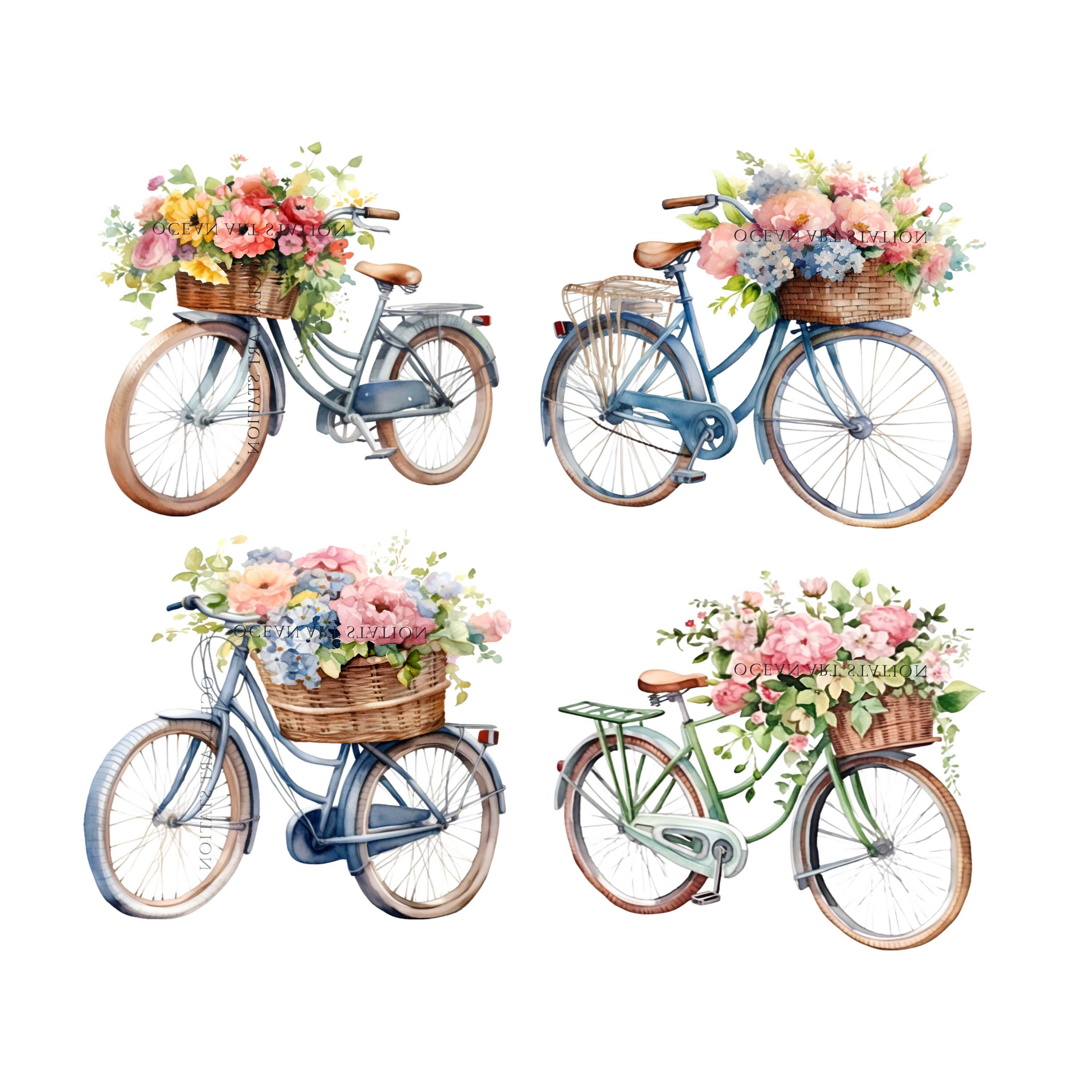 Bike With Flowers Clipart, Bycicle Clipart Watercolor, Bycicle Graphics ...